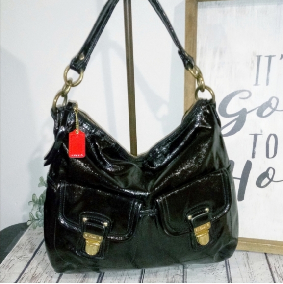 Coach | Bags | Coach Black Daisy Liquid Gloss Leather Hobo Satchel ...